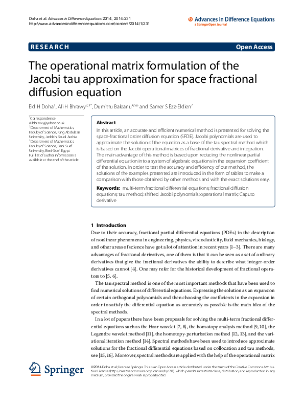 Pdf The Operational Matrix Formulation Of The Jacobi Tau Approximation For Space Fractional