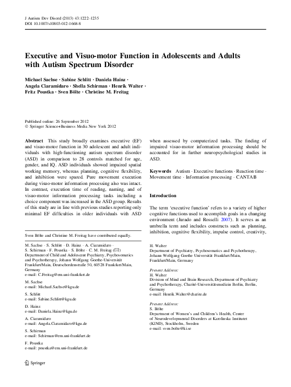 (PDF) Executive and Visuo-motor Function in Adolescents and Adults with Autism Spectrum Disorder