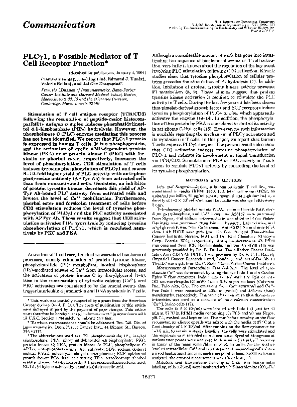 (PDF) PLC gamma 1, a possible mediator of T cell receptor function