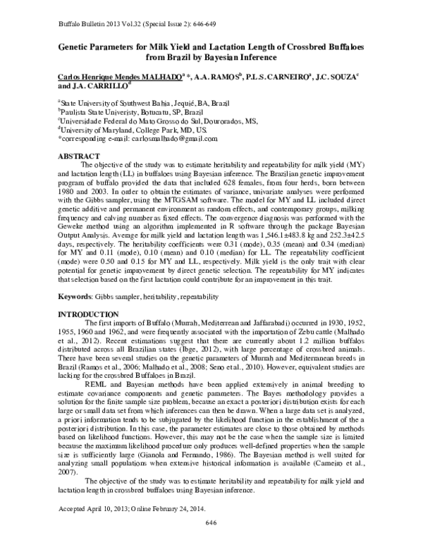 Pdf Genetic Parameters For Milk Yield And Lactation Persistency Using