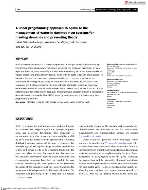 (PDF) A linear programming approach to optimise the management of water ...