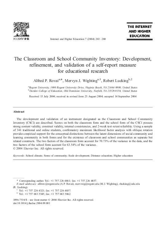 (PDF) The Classroom and School Community Inventory: Development, refinement, and validation of a ...
