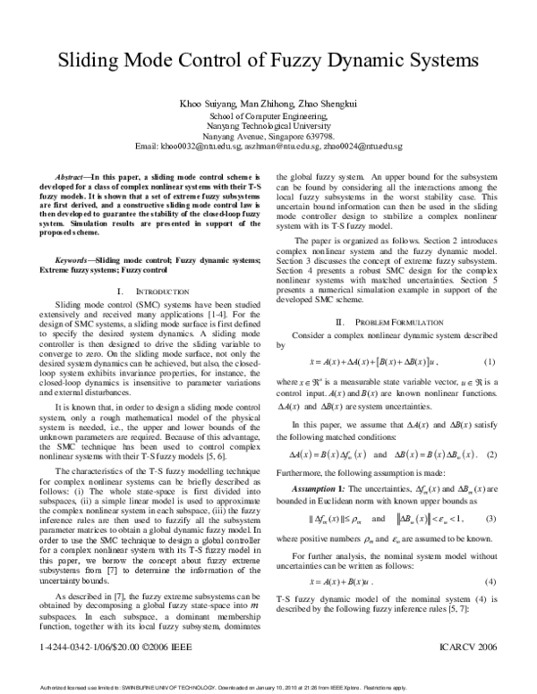Pdf Sliding Mode Control Of Fuzzy Dynamic Systems