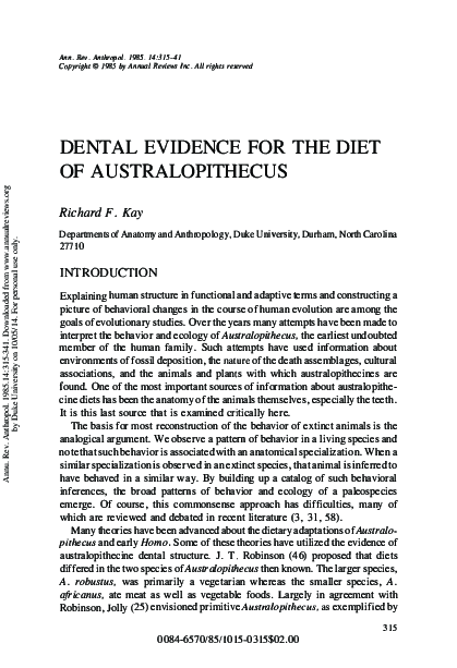 (PDF) Dental Evidence for the Diet of Australopithecus
