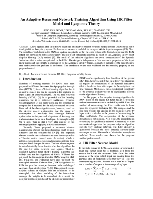 (PDF) An adaptive recurrent network training algorithm using IIR filter model and Lyapunov theory