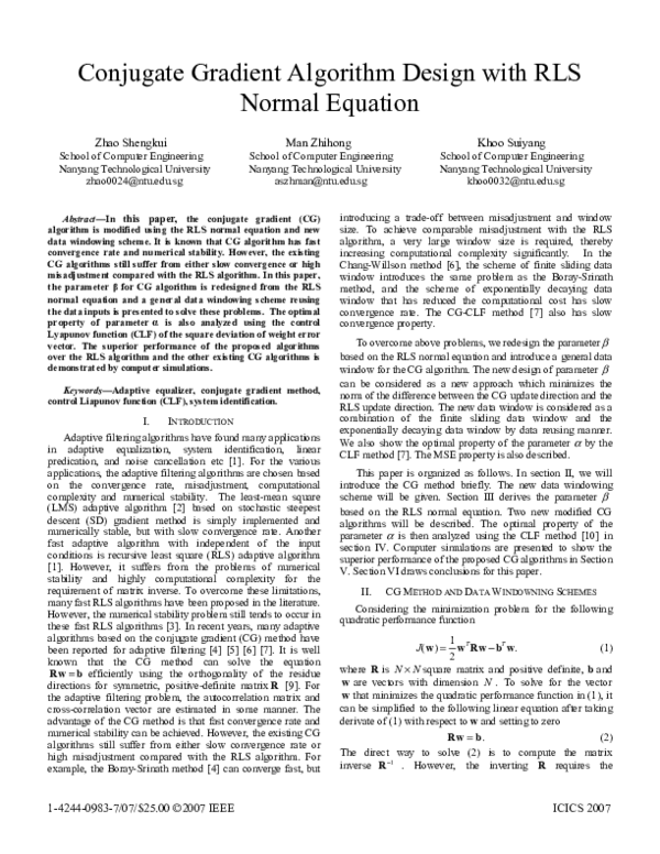 Pdf Conjugate Gradient Algorithm Design With Rls Normal Equation