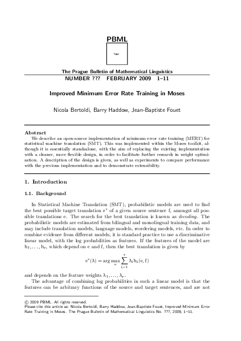 Pdf Improved Minimum Error Rate Training In Moses