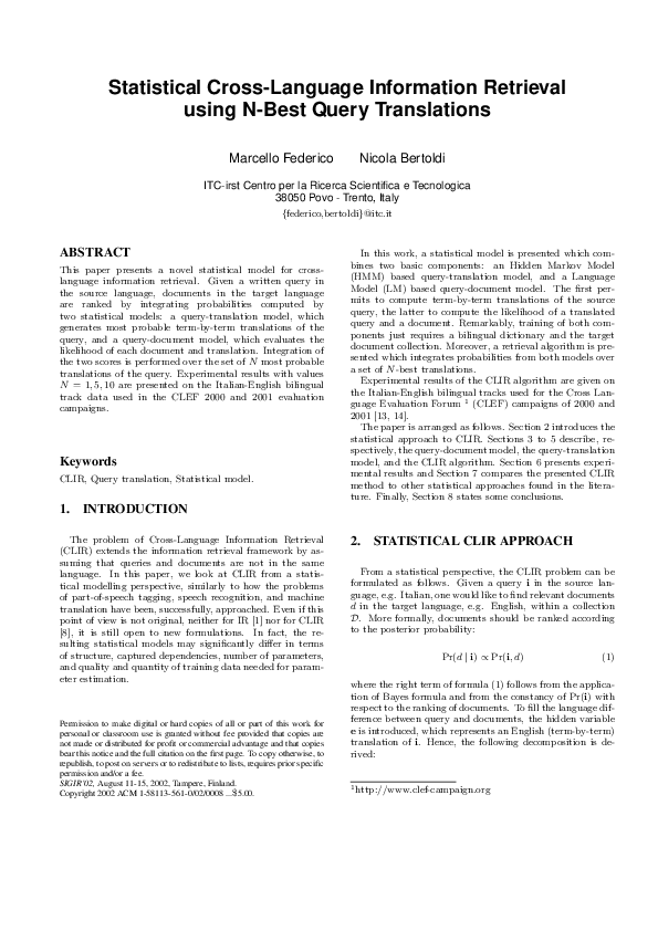 (PDF) Statistical cross-language information retrieval using n-best query translations