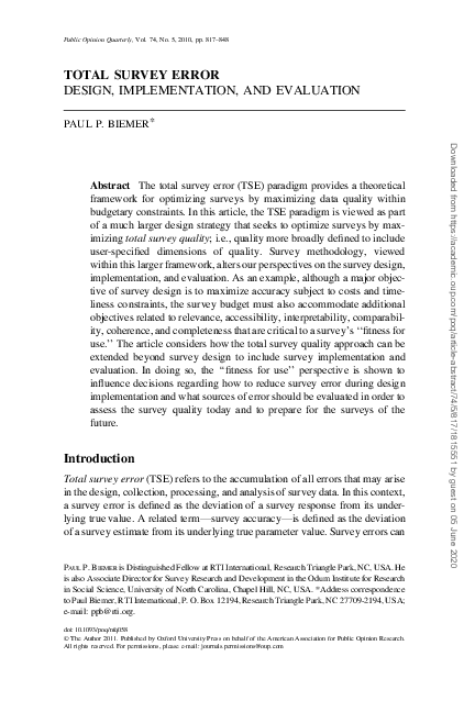 (PDF) Total Survey Error: Design, Implementation, and Evaluation