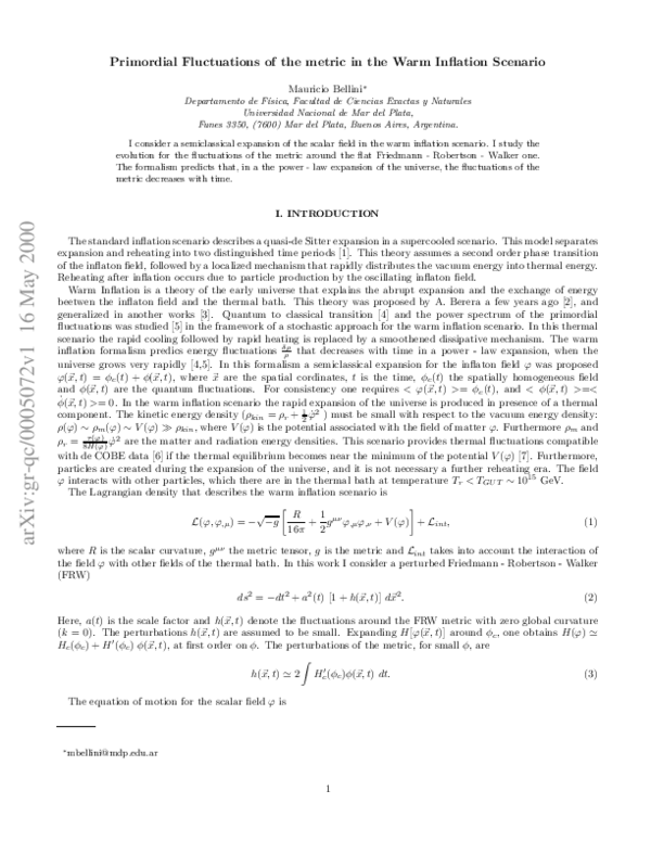 (PDF) Primordial fluctuations of the metric in the warm inflation ...