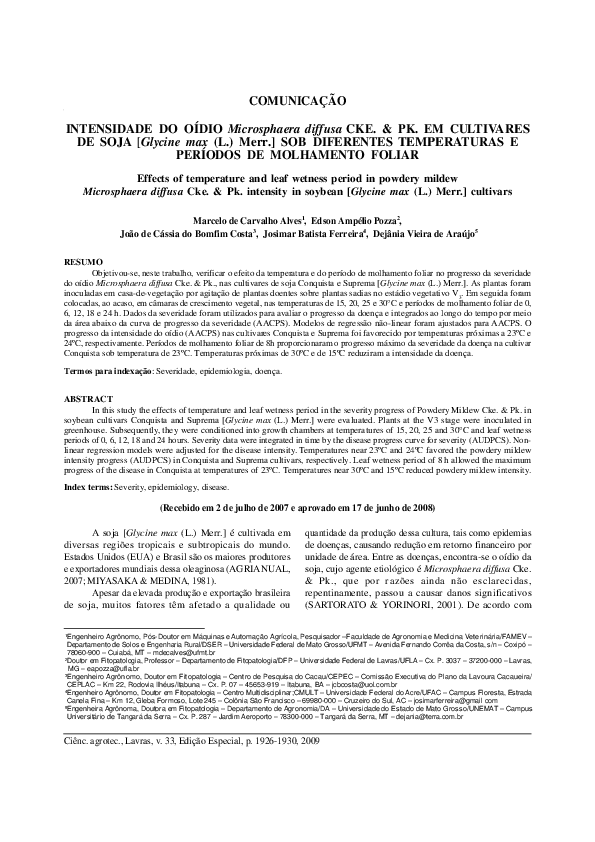 (PDF) Intensidade do oídio Microsphaera diffusa Cke. & Pk. em ...