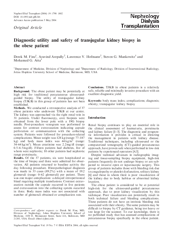 (PDF) Diagnostic utility and safety of transjugular kidney biopsy in the obese patient