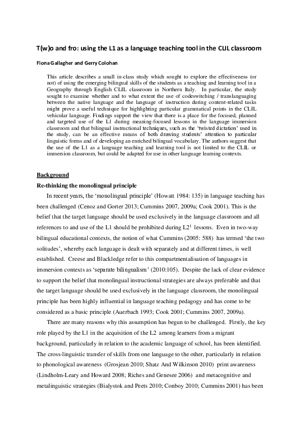 (PDF) T(w)o and fro: using the L1 as a language teaching tool in the ...