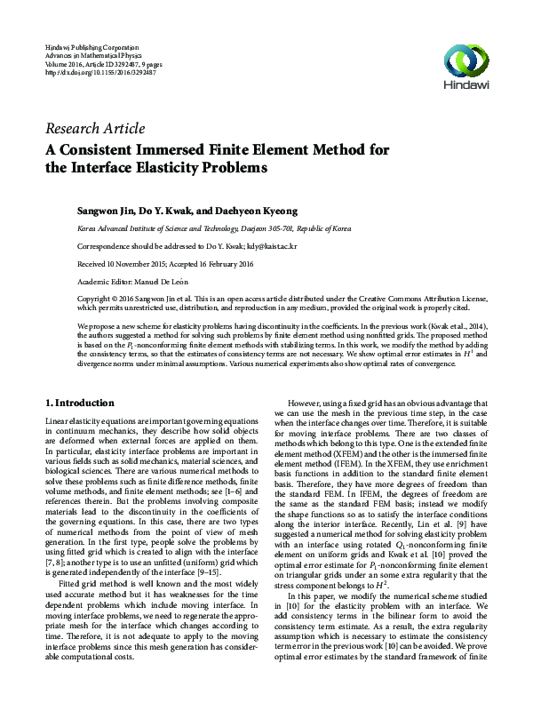 (PDF) A Consistent Immersed Finite Element Method for the Interface Elasticity Problems