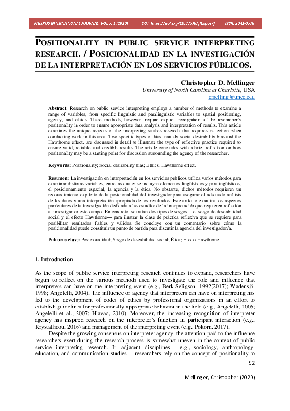 (PDF) Positionality in Public Service Interpreting Research