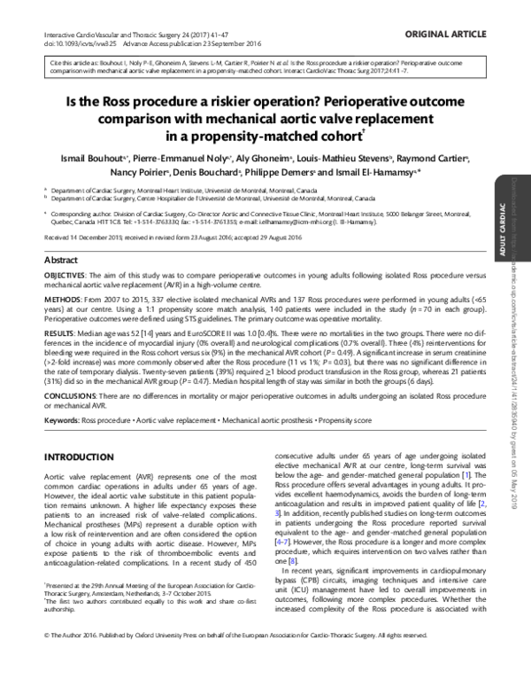 (PDF) Is the Ross Procedure a Riskier Operation? - Perioperative ...