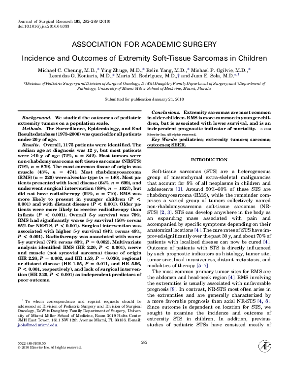 (PDF) Incidence and Outcomes of Extremity Soft-Tissue Sarcomas in Children