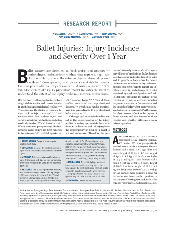 (PDF) Ballet Injuries: Injury Incidence and Severity Over 1 Year