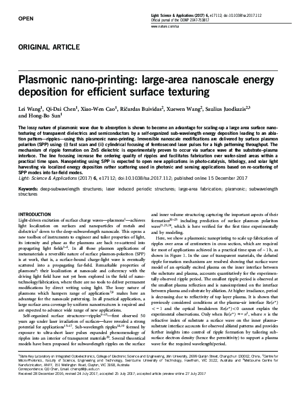 (PDF) Plasmonic nano-printing: large-area nanoscale energy deposition for efficient surface ...