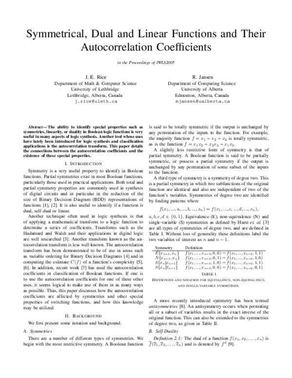 (PDF) Symmetrical, Dual and Linear Functions and Their Autocorrelation Coefficients