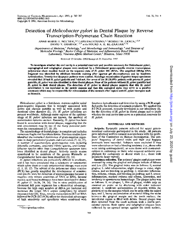 (PDF) Detection of Helicobacter pylori in dental plaque by reverse ...