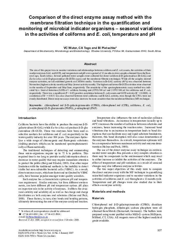(PDF) Comparison of the direct enzyme assay method with the membrane ...