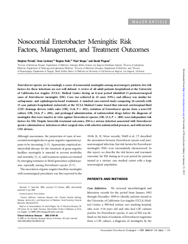 (PDF) Nosocomial Enterobacter Meningitis: Risk Factors, Management, and ...