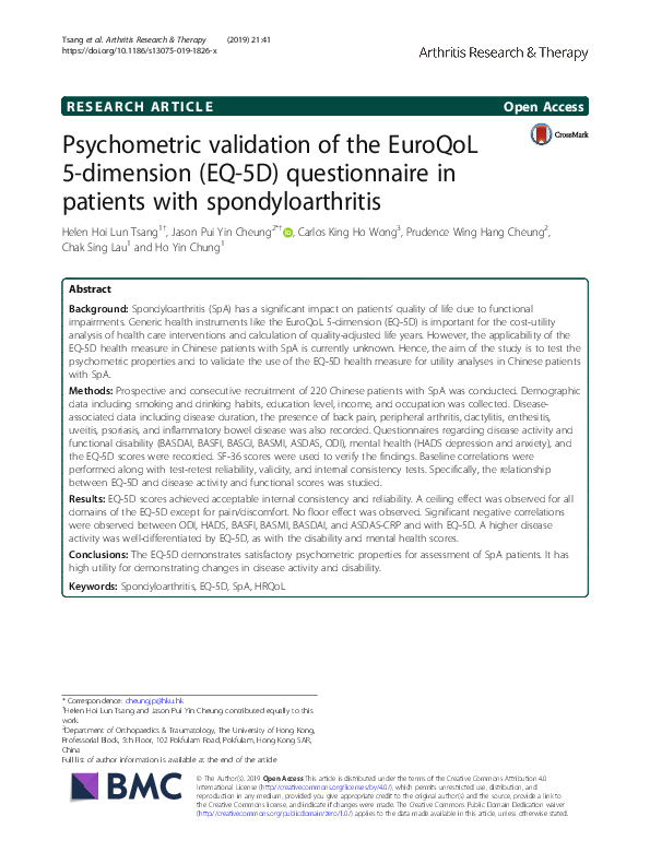 (PDF) Psychometric validation of the EuroQoL 5-dimension (EQ-5D) questionnaire in patients with ...