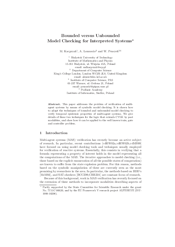 (PDF) Bounded versus Unbounded Model Checking for Interpreted Systems | Magdalena Kacprzak ...