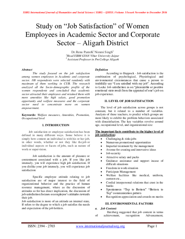 (PDF) Study on “Job Satisfaction” of Women Employees in Academic Sector ...