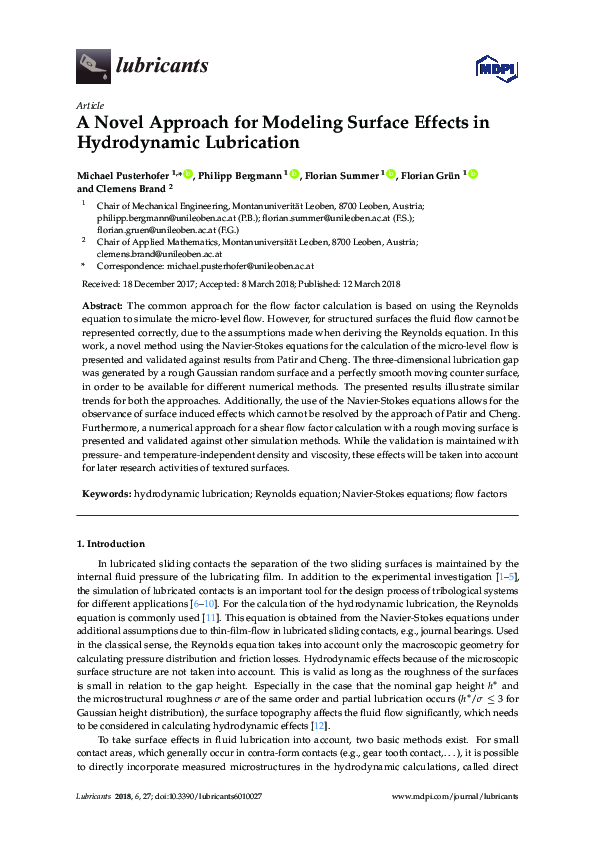 Pdf A Novel Approach For Modeling Surface Effects In Hydrodynamic Lubrication