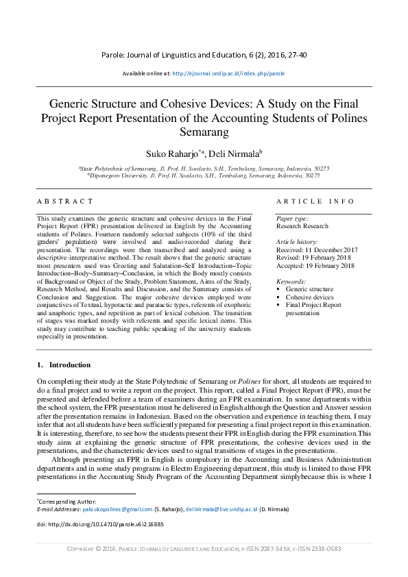 (PDF) Generic Structure and Cohesive Devices: A Study on the Final ...