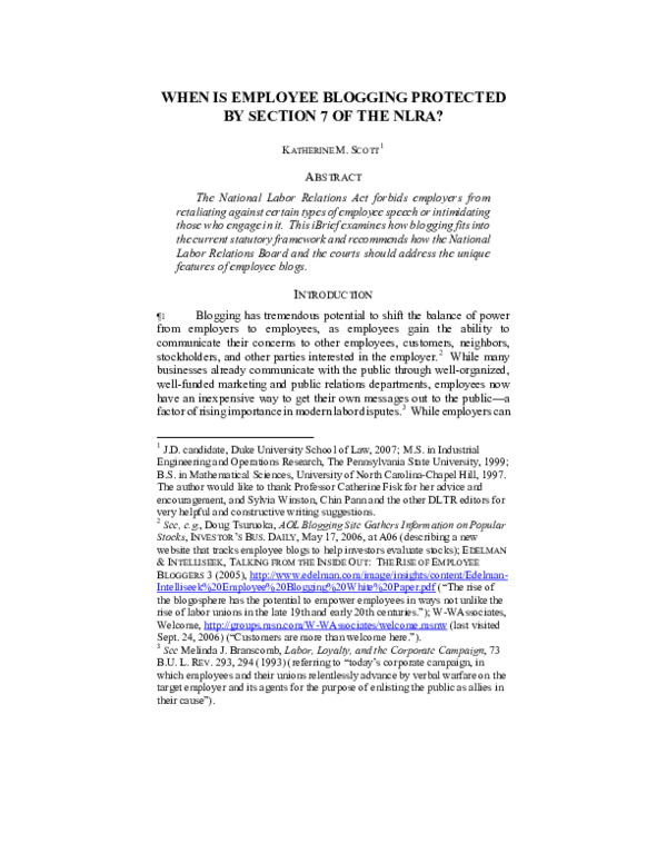(PDF) When is Employee Blogging Protected by Section 7 of the NLRA?