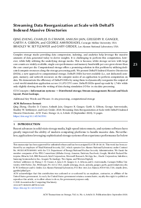 (PDF) Streaming Data Reorganization at Scale with DeltaFS Indexed ...