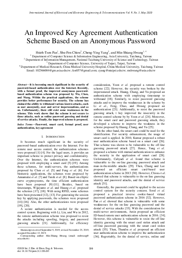 (PDF) An Improved Key Agreement Authentication Scheme Based on an Anonymous Password