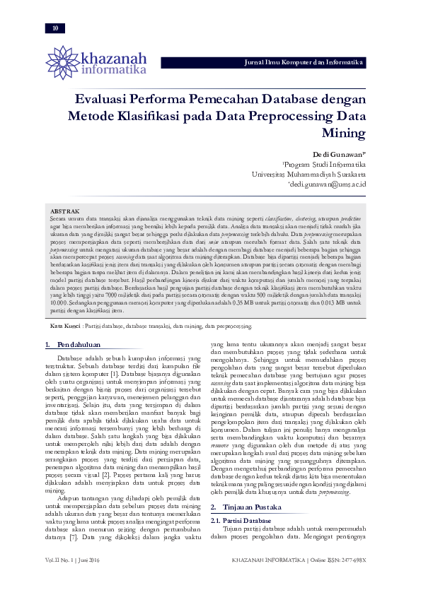 Pdf Evaluasi Performa Pemecahan Database Dengan Metode Klasifikasi Pada Data Preprocessing