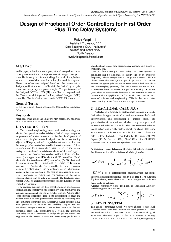 (PDF) Design of Fractional Order Controllers for First Order Plus Time ...