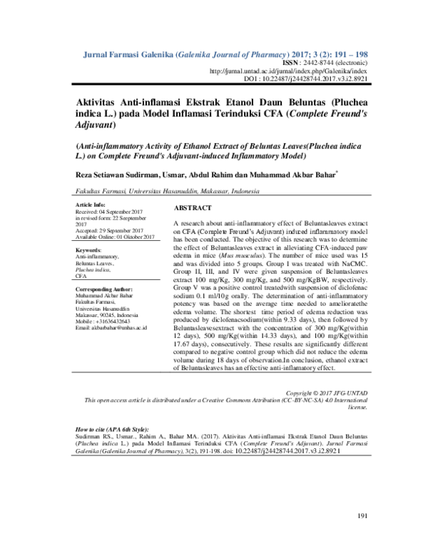 (PDF) Aktivitas Anti-inflamasi Ekstrak Etanol Daun Beluntas (Pluchea ...