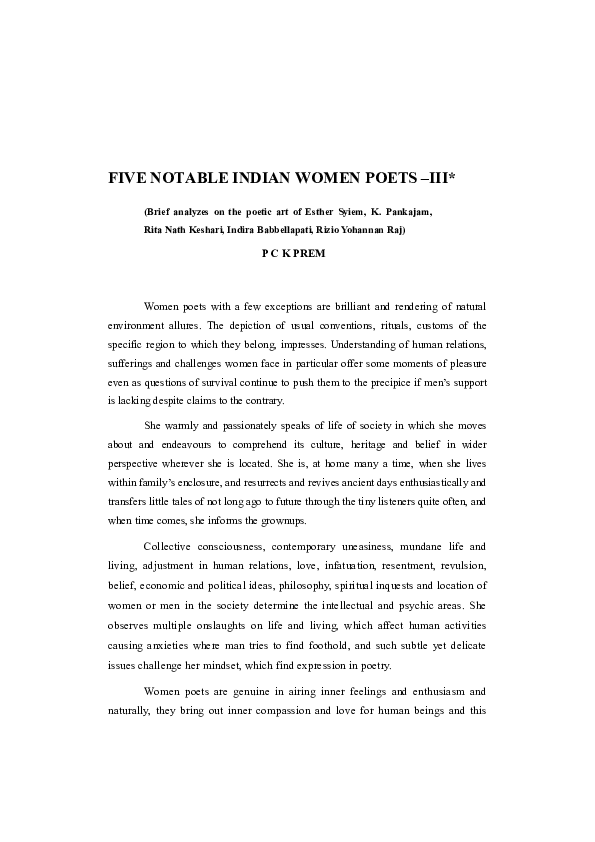 (DOC) FIVE NOTABLE INDIAN WOMEN POETS -III* (Brief analyzes on the ...