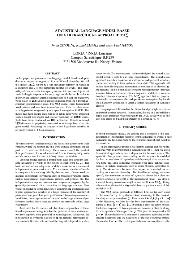 (PDF) Statistical Language Model based on a Hierarchical Approach : MCnv