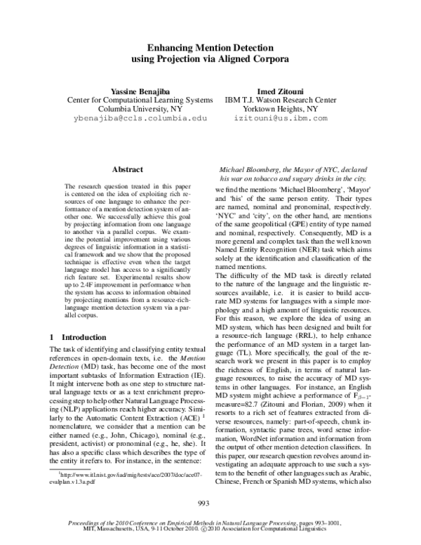 Pdf Enhancing Mention Detection Using Projection Via Aligned Corpora Imed Zitouni