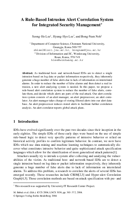 (PDF) A Rule-Based Intrusion Alert Correlation System for Integrated Security Management