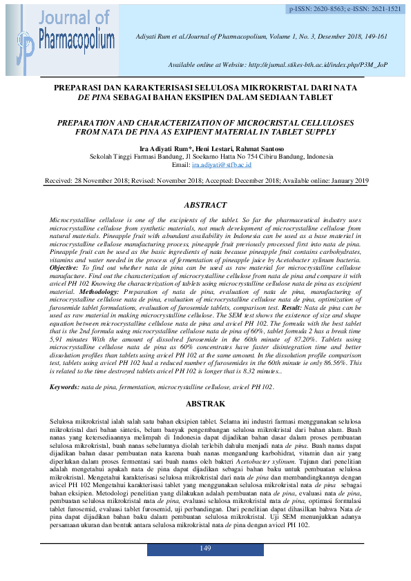 (PDF) Preparasi Dan Karakterisasi Selulosa Mikrokristal Dari Nata De Pina Sebagai Bahan Eksipien ...