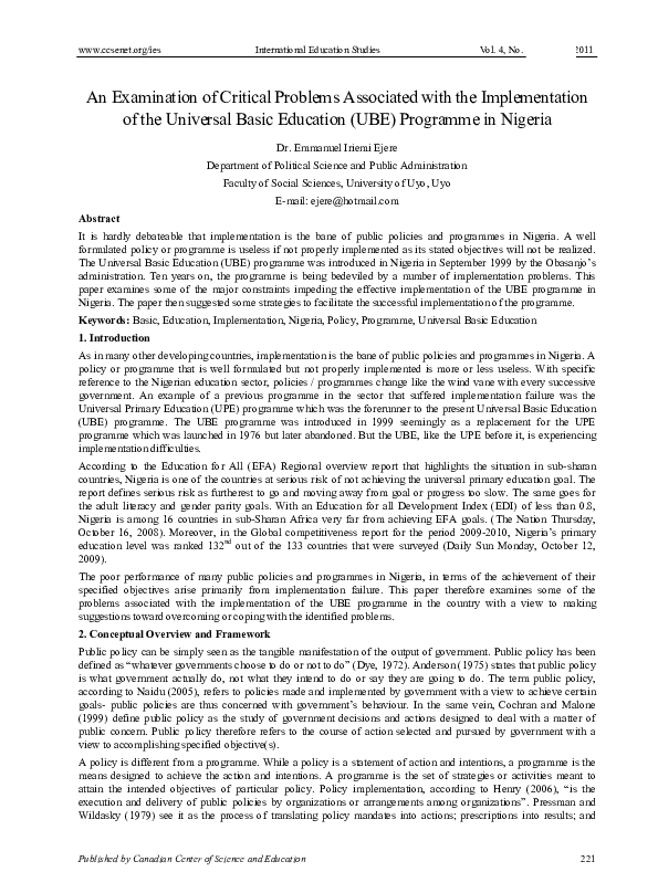 (PDF) An Examination of Critical Problems Associated with the Implementation of the Universal ...