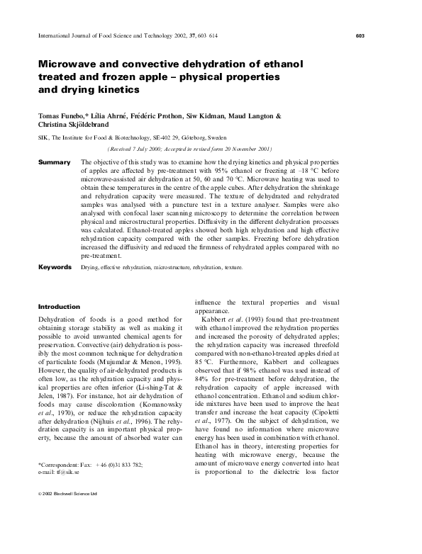 (PDF) Microwave and convective dehydration of ethanol treated and frozen apple - physical ...