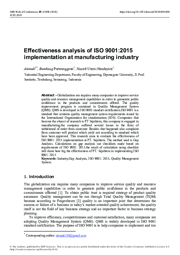 (PDF) Effectiveness analysis of ISO 9001:2015 implementation at ...