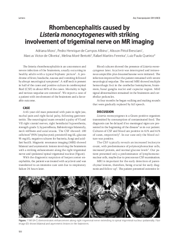 (PDF) Rhombencephalitis caused by Listeria monocytogenes with striking ...