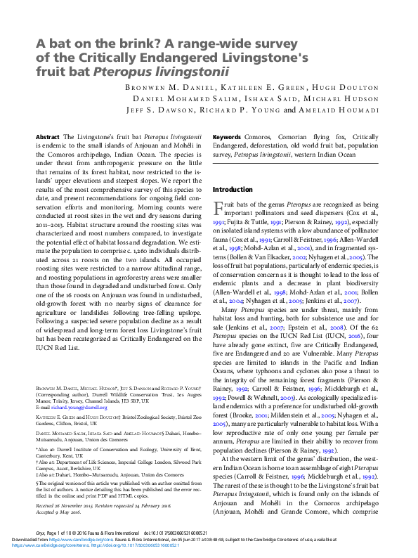 (PDF) A bat on the brink? A range-wide survey of the Critically ...
