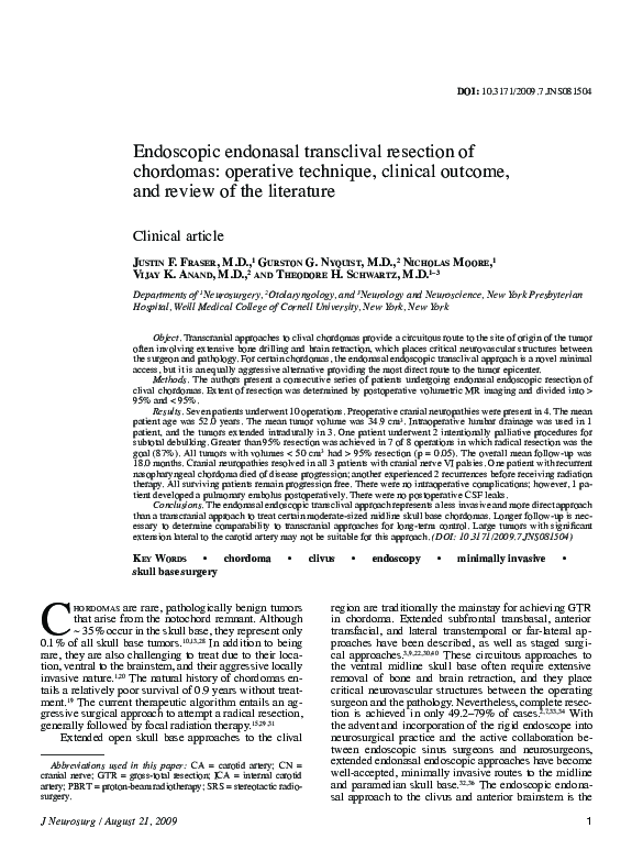 (PDF) Endoscopic endonasal transclival resection of chordomas: operative technique, clinical ...