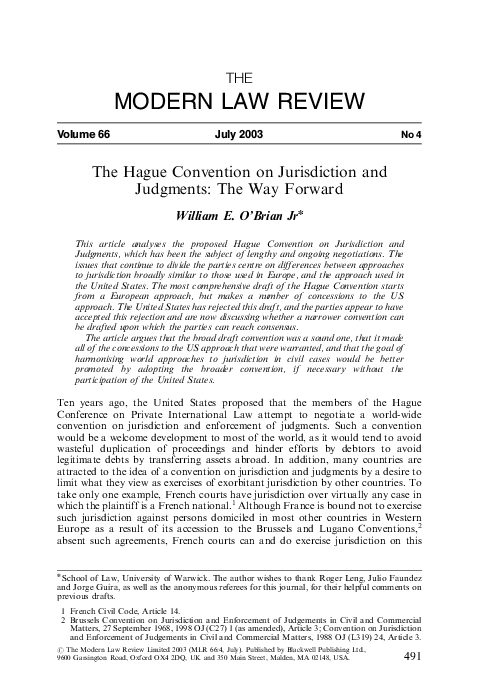 (PDF) The Hague Convention on Jurisdiction and Judgments: The Way Forward